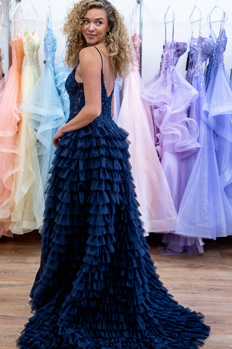 Queendancer Women Sparkly Navy Corset Long Formal Dress with Lace Tiered Appliqued Spaghetti ...