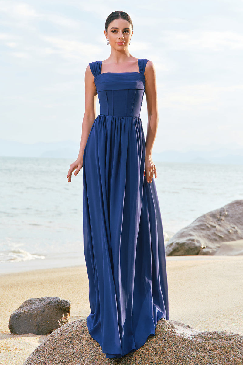 Queendancer Women Dark Blue Bridesmaid Dress with Lace Up Back A-Line ...