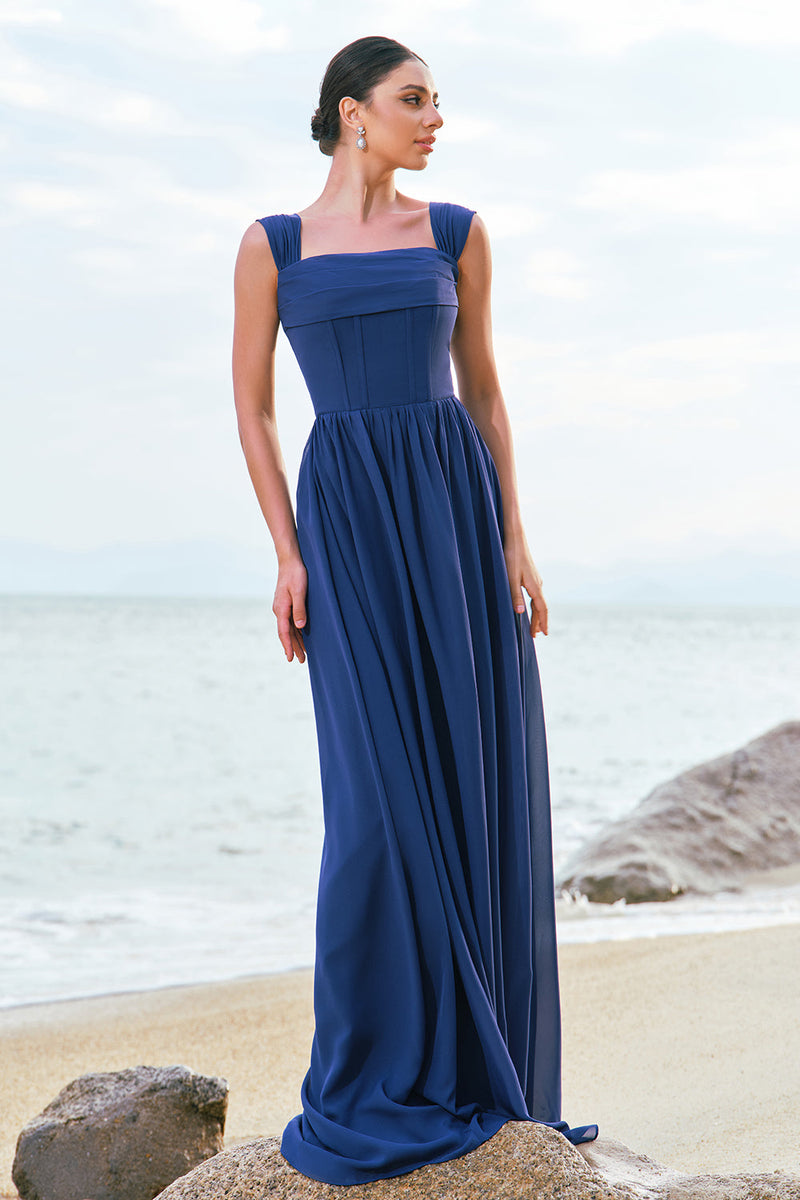 Queendancer Women Dark Blue Long Bridesmaid Dress with Lace Up Back A ...