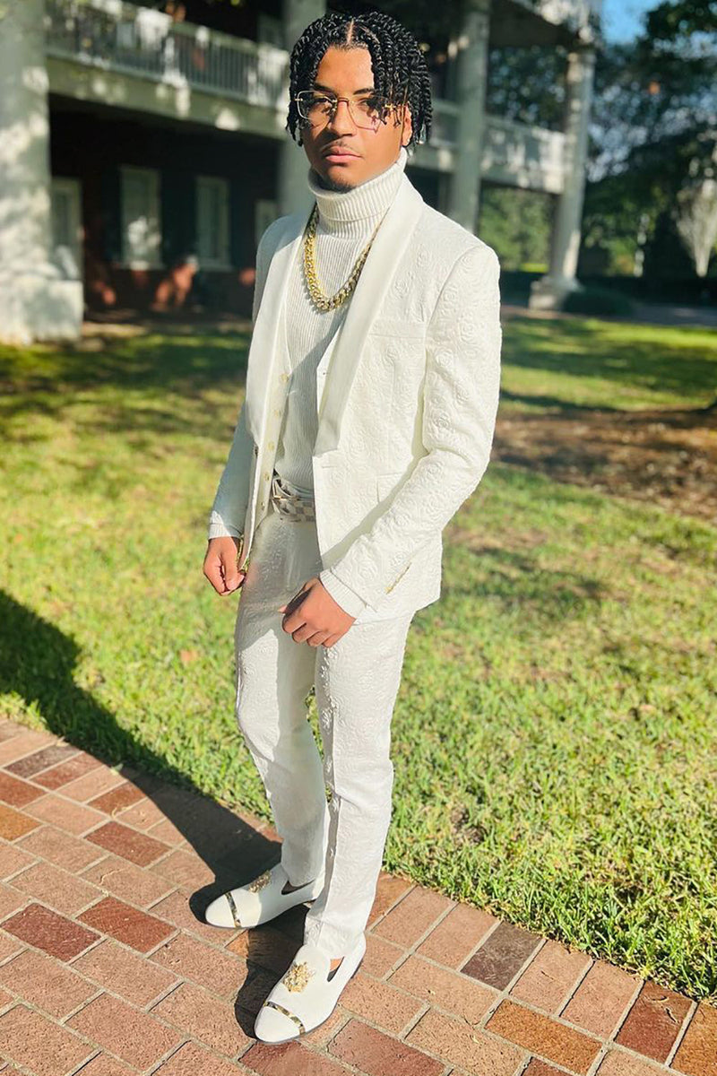 Queendancer Men White 3-Piece Jacquard Prom Suits Shawl Lapel Single ...