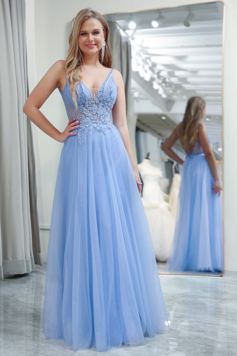 Queendancer Women Light Blue Prom Dress A-Line V Neck Tulle Evening ...