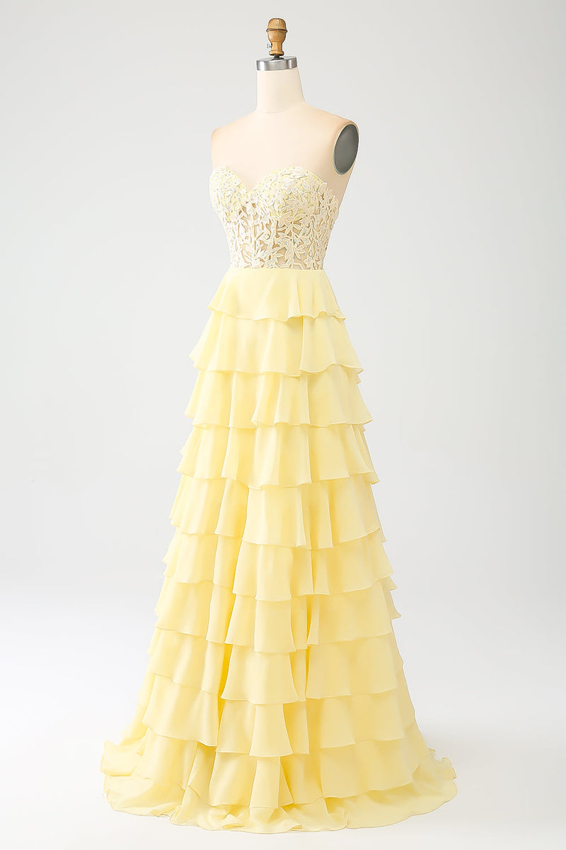 Queendancer Women Yellow Tiered Formal Dress A-Line Sweetheart Corset ...
