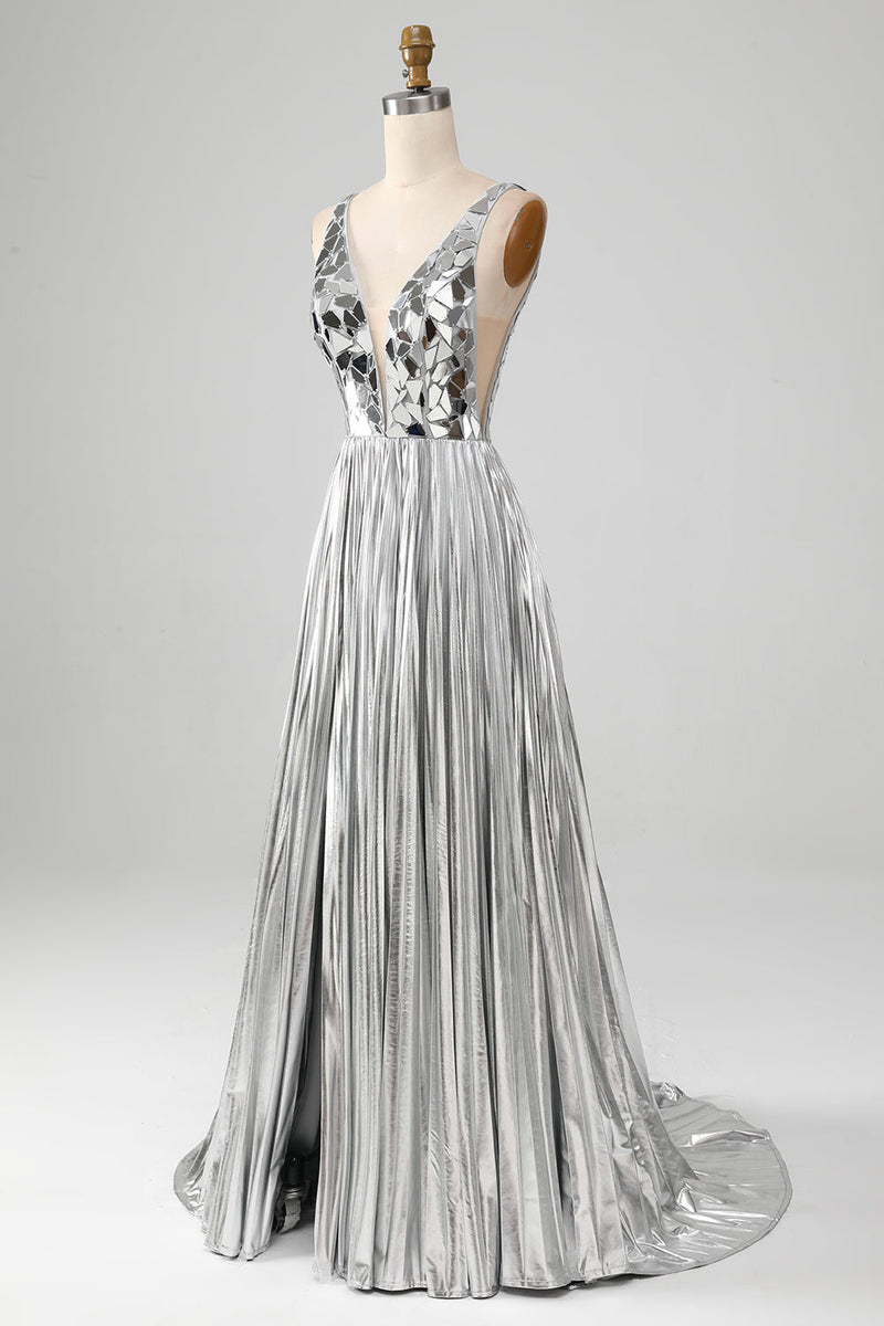 Queendancer Women Sparkly Silver Formal Dress with Slit A-Line V-Neck ...